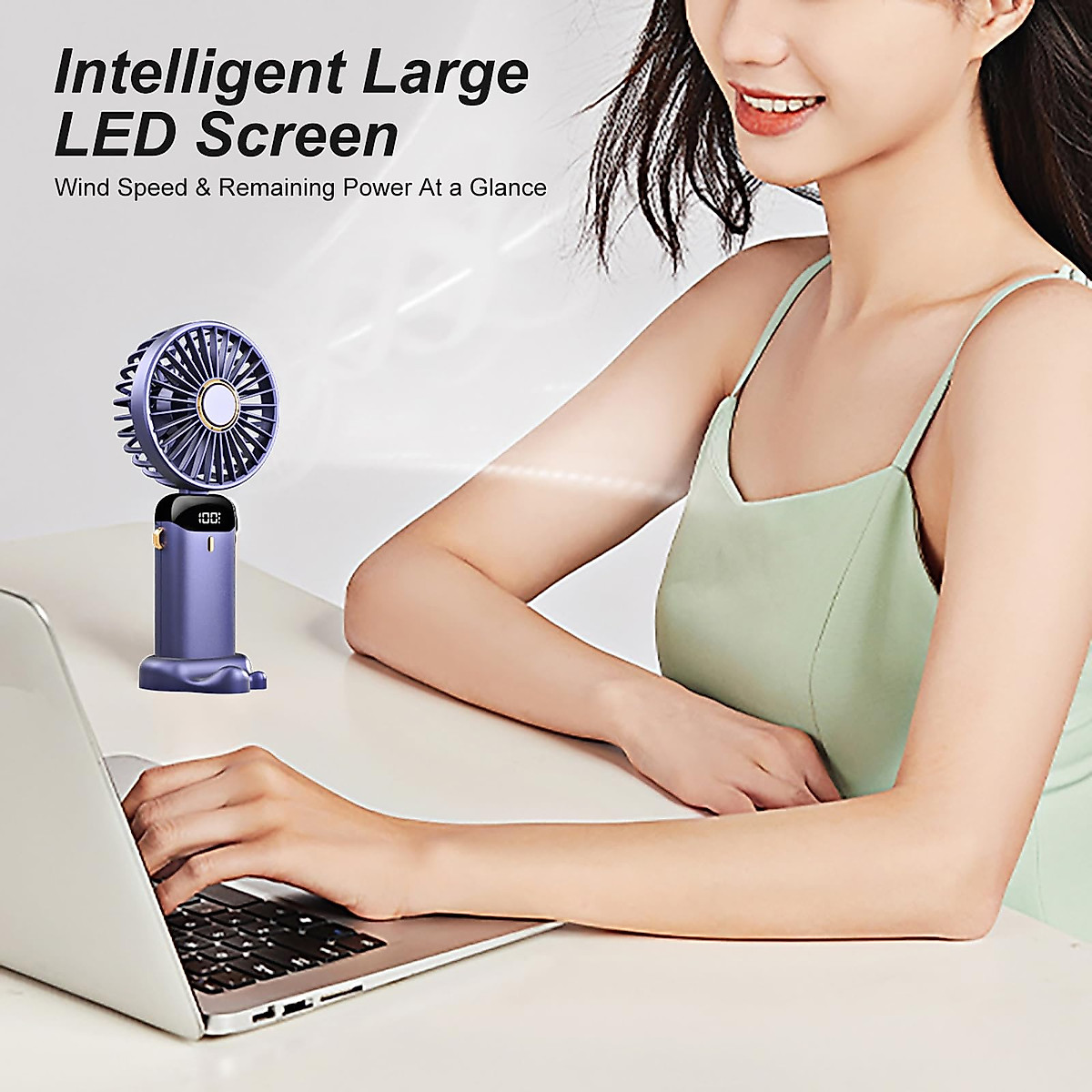 Portable Handheld Fan, Type-C Rechargeable, 4000mAh Battery Operated Fan with LED Display, 90° Foldable , 5 Speed Wind,Handheld/Neck/Desk 3 in 1 Personal Small Fan, Makeup Fan for Women (Purple)
