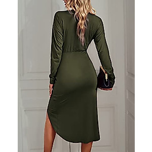 KOJOOIN Women's Long Sleeve Wrap V Neck Ruched Bodycon Dress High Empire Waist Slit Hem Sexy Cocktail Party Midi Dress Army Green XL