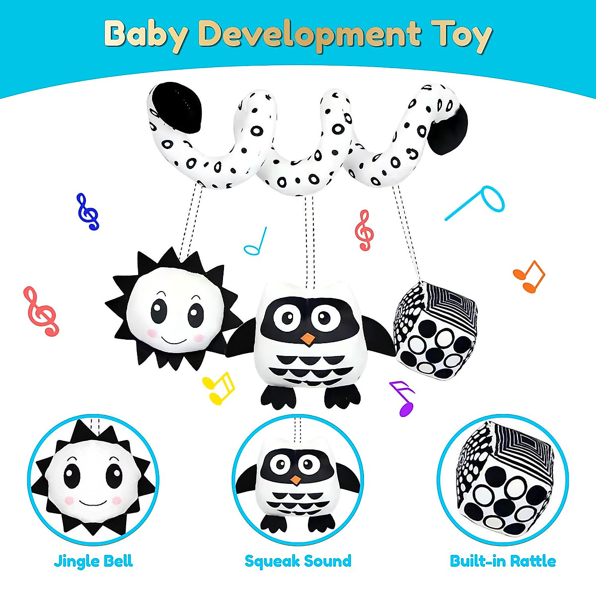 Ebrima Baby Spiral Activity Car Seat Toys, Black and White Baby Toys, High Contrast Baby Sensory Toys, Newborn Hanging Plush Stroller Toys for 0 3 6 9 12 Months Boys Girls (Owl)