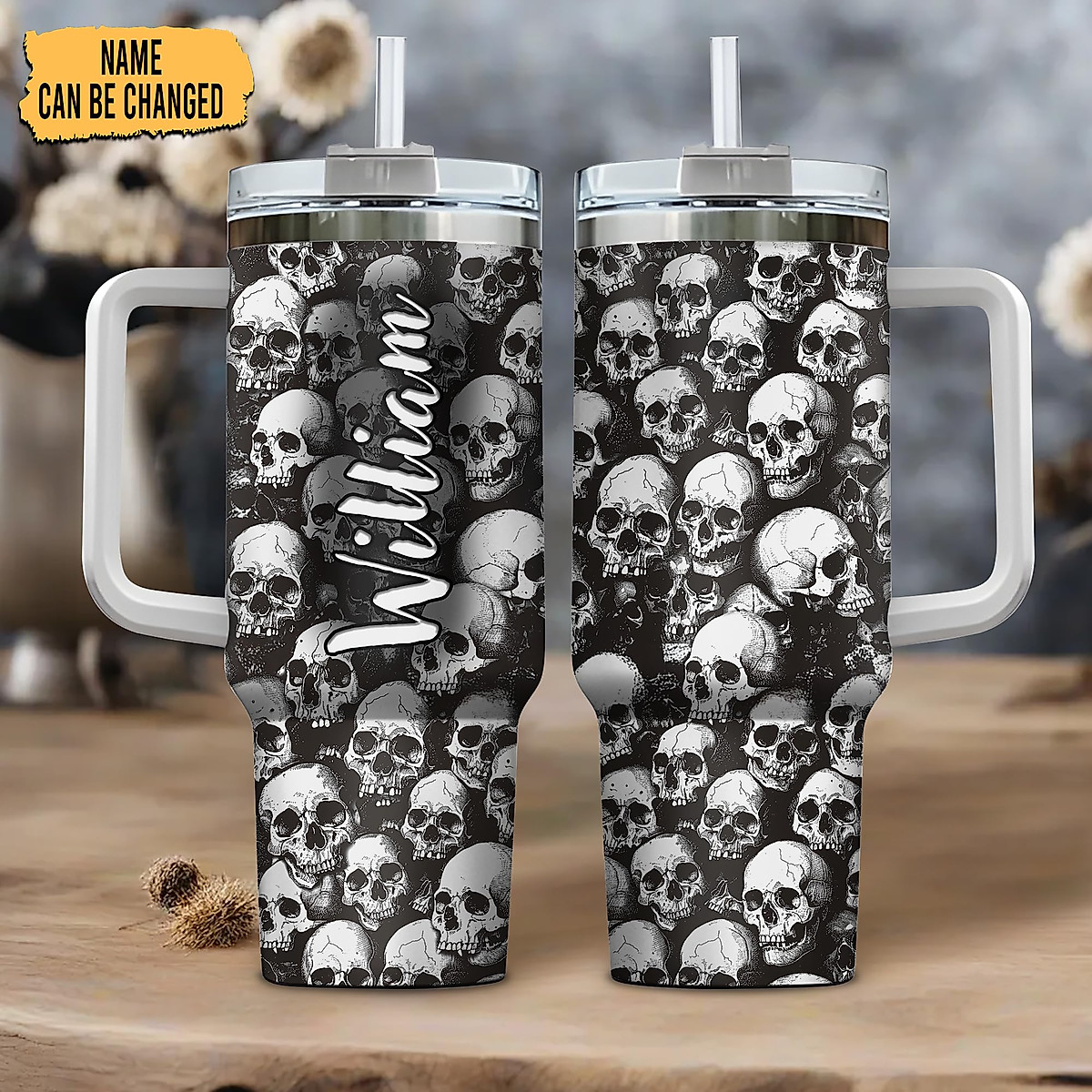 Hyturtle Personalized Gothic Skull Tumbler - Skeleton Lover Gift - Horror Lover Halloween Holiday Cup for Women Men - Custom Travel Coffee Tumbler 40oz With Lid and Straw