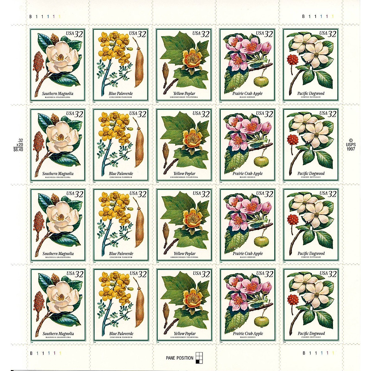 Flowering Trees Full Pane of Twenty 32 Cent Stamps Scott 3193-97