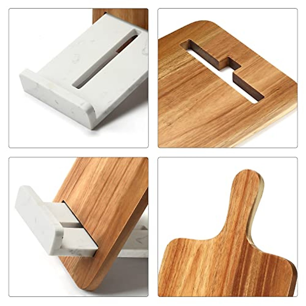 EVERBBKING Cookbook Stand，Acacia Wood Cutting Board Style Cookbook Holder for Kitchen Counter Adjustable iPad Tablet Recipe Book Stand with Marble Base