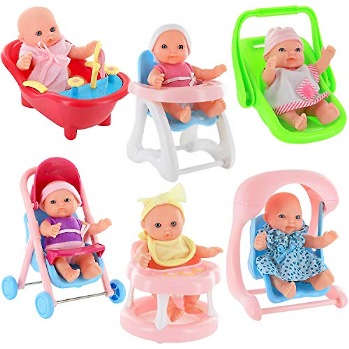 Click N' Play Mini 5 Inch Baby Girl Toy Dolls with Stroller, High Chair, Bathtub, Infant Seat, and Swing Accessories for Girls 3-6 Years Old