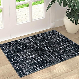 SILOLOOM Vintage Washable Rug 2x3, Charcoal Abstract Small Area Rugs for Entryway, Soft Non Slip Indoor Door Mat Throw Rugs, Low-Pile Printed Modern Carpet for Entrance, Kitchen, Farmhouse