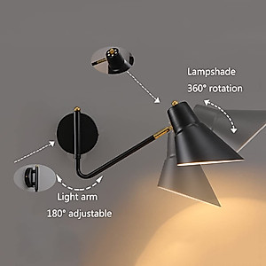 DEVINK Retro Plug in Wall Light with Switch, Long Arm Bed Lamp Wall Sconce Lamp Adjustable Wall Reading Lights with 1.8m Cord, Indoor E27 Light Fixture for Bedroom Living Room Bathroom,Black