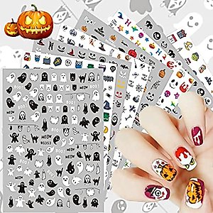 8 Sheets Halloween Nail Stickers 3D Halloween Nail Decals Halloween Pumpkin Skull Bat Nail Stickers Holographic Horror Stickers Accessories for Halloween for Women Girls Acrylic Nails DTY Halloween