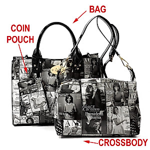 Glossy magazine cover collage crossbody bag purses Michelle Obama mini handbag 3pcs set (MULTI/RED)
