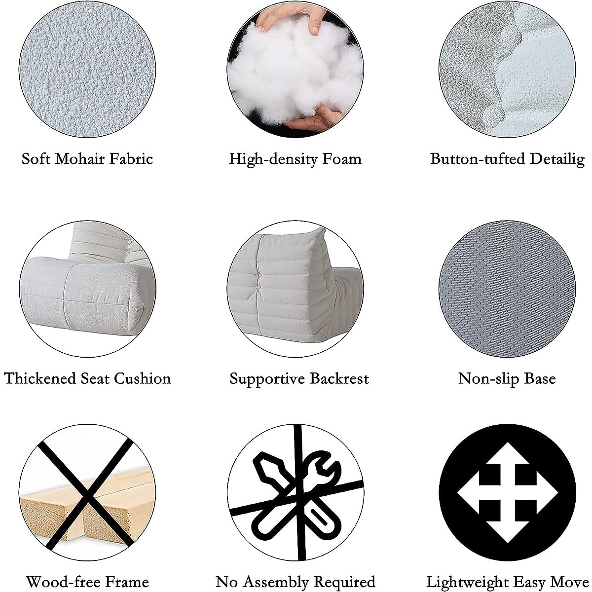 JACH 34" Comfy Lazy Floor Sofa Couch, Teddy Velvet Mohair Fireside Corner Bean Bag Chairs for Adults, Soft Lounge Foam-Filled Accent Single Chair for Living Room Bedroom Office Salon, Beige