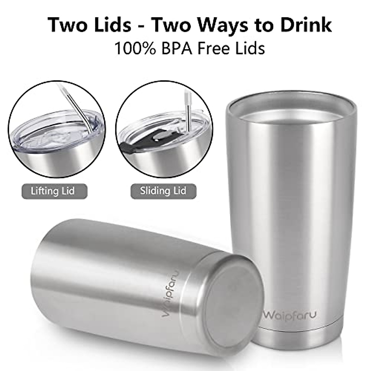 Waipfaru 20 oz Tumbler, Insulated Tumblers with Lid and Straw, Double Wall Durable Travel Coffee Mug, Stainless Steel Vacuum Tumbler, Splash-Proof Powder Coated mug for Cold & Hot Drinks (Stainless)