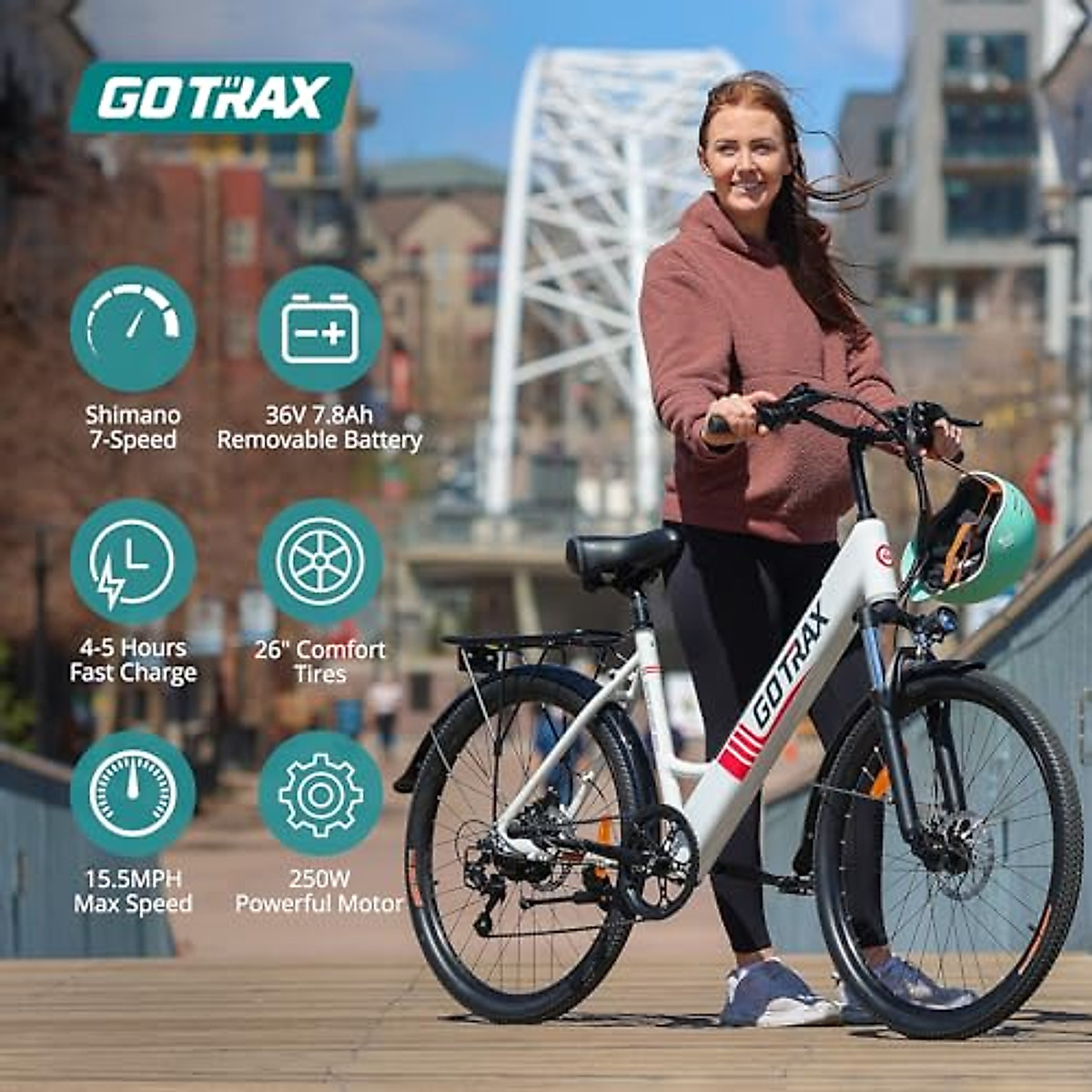 Gotrax Endura 26" Electric Bike with 28 Miles (Pedal-assist1) by 36V Battery, 15.5Mph Power by 250W, 3 Pedal-Assist Levels & Adjustable Seat, 7-Speed & Front Shock Absorber for Adult Bicycle White