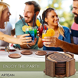ARTISAN 6 Piece Round Acacia Wood Coaster Sets - Unique Rustic Wood Coasters for Drinks - Drink Cup Coaster Set - Absorbent Coasters with Holder for Coffee Table