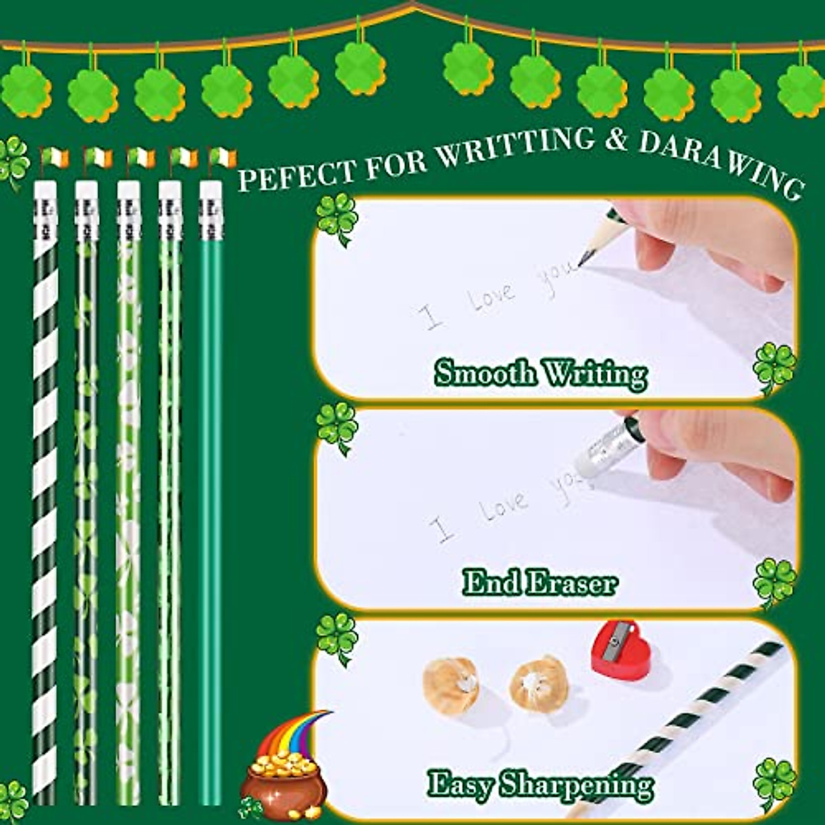 St. Patrick's Day Pencils Shamrock Pencils Clover Novelty Stripe Pencils with Eraser Assorted Kids Pencils Lucky Wood Pencils for 100th Day of School Party Favor Office Supply, 5 Styles (25 Pieces)