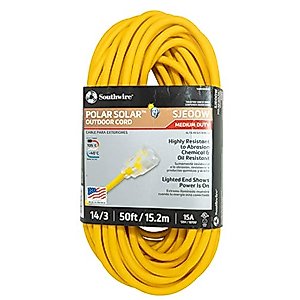 Coleman Cable 14880002 1488SW0002 14/3 Insulated Outdoor Extension Cord with Lighted End, 50-Foot, Feet, Yellow
