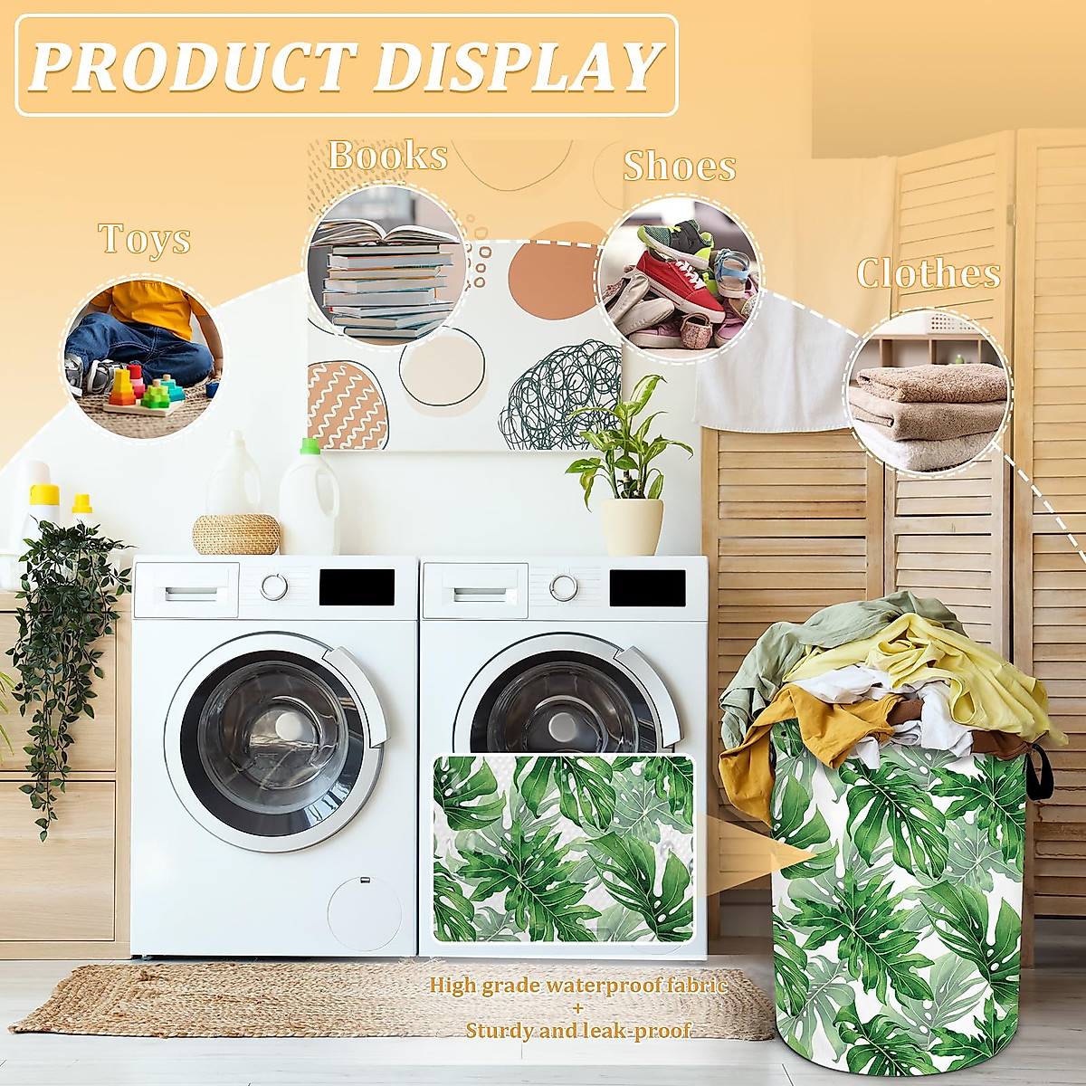 Palm Leaves Laundry Basket, Foldable Waterproof Oxford Cloth Floral Laundry Hamper Funny Tote Bag Dirty Clothes Storage Bucket Toy Organizer for Bathroom/Laundry/Bedroom 15.7"x19.6"