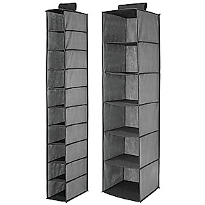 mDesign Fabric Over Rod Hanging Closet Storage Organizers, Includes a Wide 6-Shelf Sweater Organizer, and a Narrow 10-Shelf Shoe Rack - Textured Print - Set of 2 - Charcoal Gray/Black