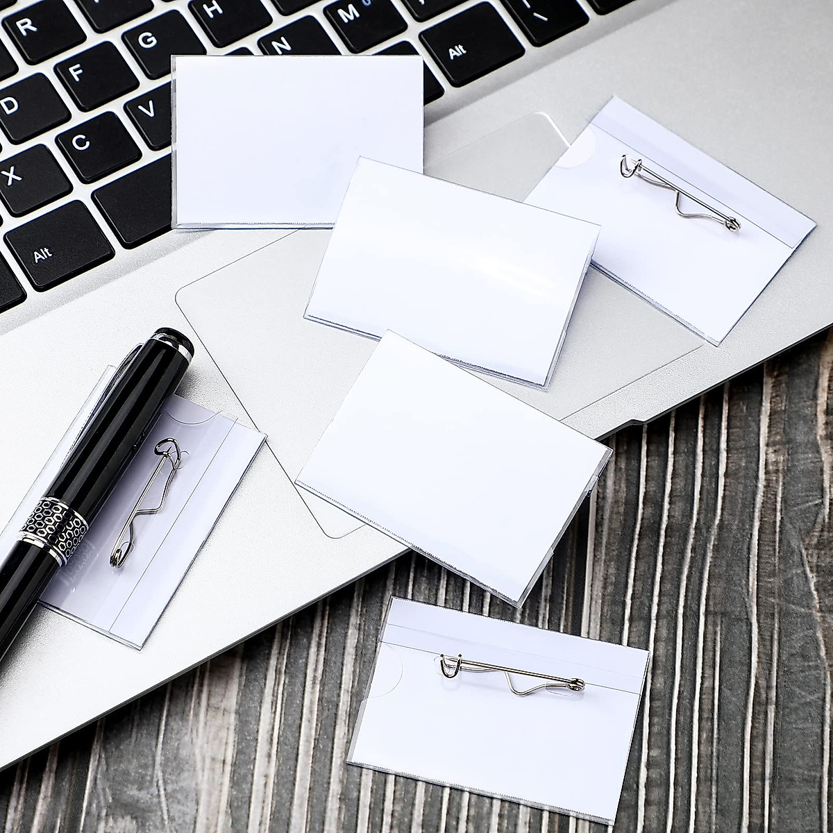 200 Pcs Pin Style Name Badge Holders ID Name Tags with Pins Clear Plastic Badge Holder with Inserts ID Card Plastic Name Badge Sleeve, 2.44 x 3.58 Inch (Silver Clip)