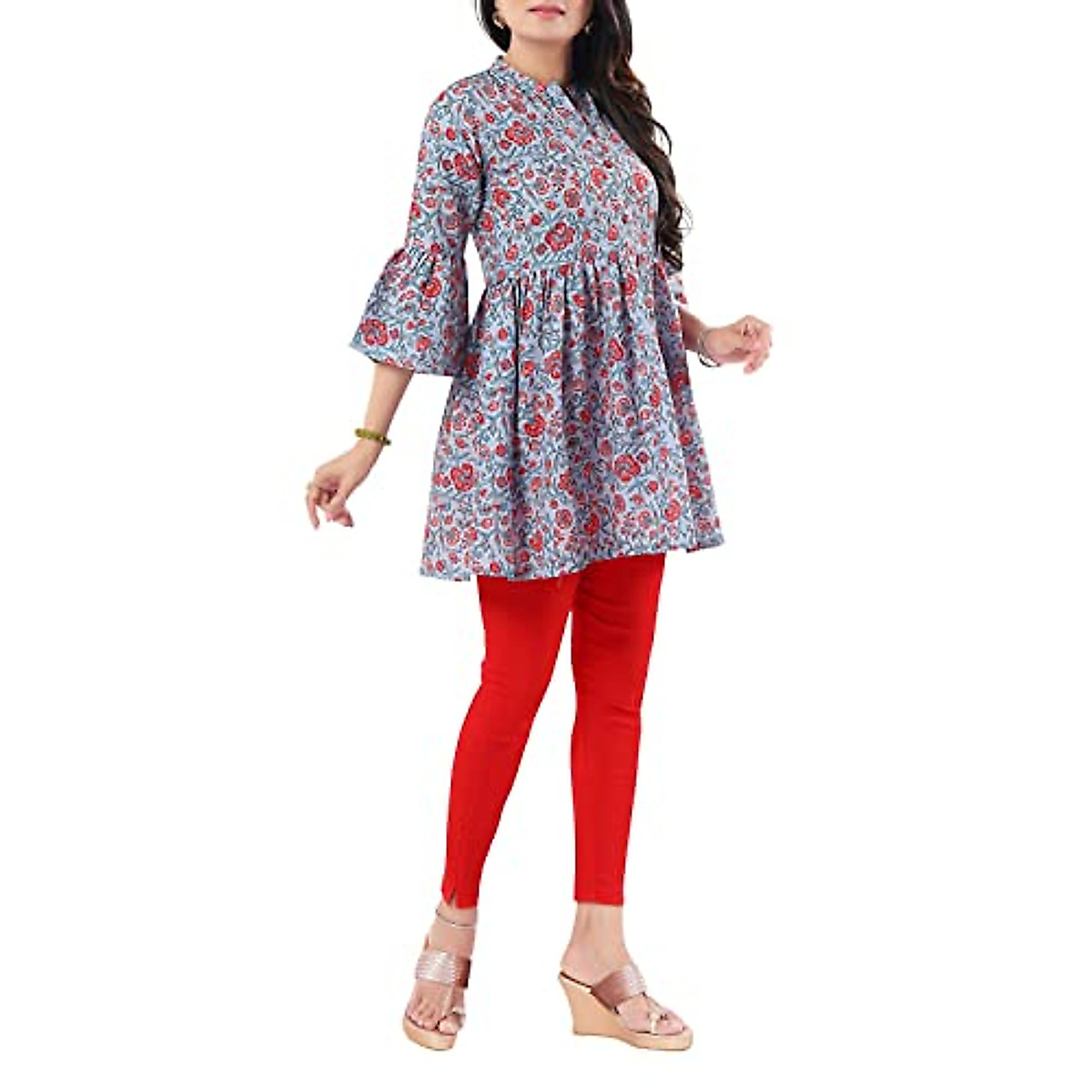 IshDeena Indian Kurti Tops for Women Indian Style Short Kurtis Kurta Boho Tunics Peasant Shirts Blouses Rayon & Cotton Silk (2X-Large/Blue Gray)