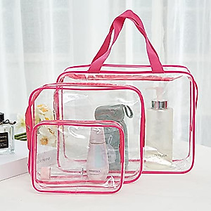 Veki 3Pcs Set Crystal Clear Toiletry Bag TSA Approved Makeup Bag Quart Size Cosmetic Bag Waterproof Travel Bags for Women Men Portable Carry on Airport Airline Compliant Bag (Rose Red)