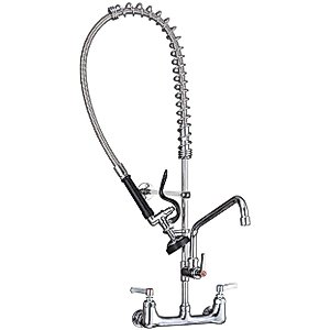 MSTJRY Commercial Sink Faucet with Pre Rinse Sprayer: 35"Height 8"Adjustable Center 12"Swivel Spout Wall Mount Pre Rinse Faucet-Perfect for 2/3 Compartment Sink (Polished Chrome,Stainless Steel&Brass)