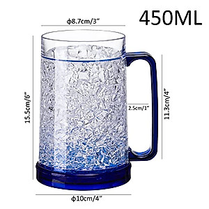 EASICOZI Double Wall Gel Frosty Freezer Ice Mugs Clear 16oz Set of 4 (Blue, Red, Orange and Green)