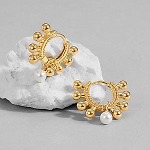 DREMMY STUDIOS Dainty Pearl Ball Huggie Hoop Earrings 14K Gold Filled Simple Cute Tiny Pearl Ball Dangle Hoop Earrings Women Minimalist Personalized Jewelry