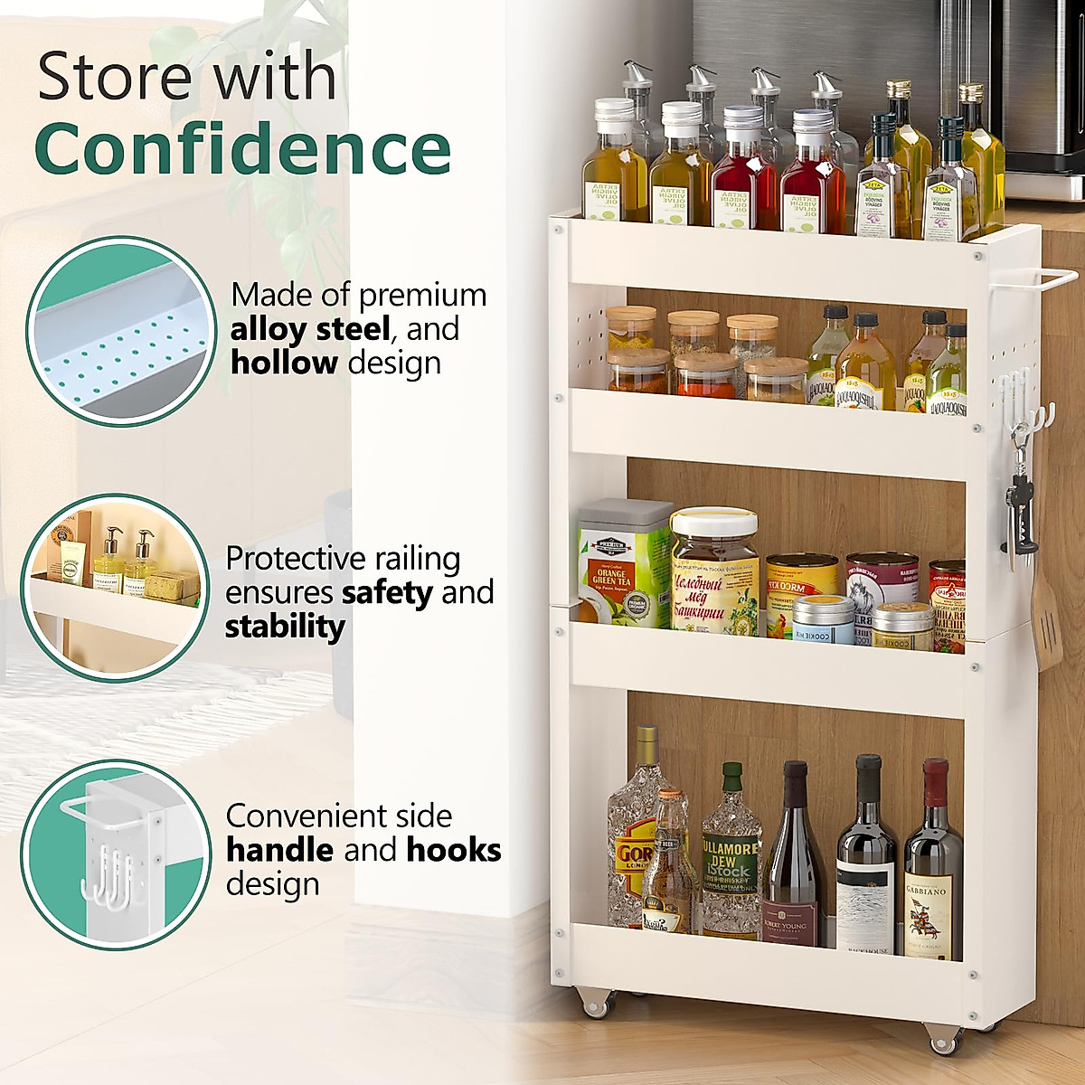 OKZEST Slim Storage Cart, 4-Tier Narrow Rolling Kitchen Laundry Cart on Wheels, Utility Metal Narrow Bathroom Storage Cabinet Organization Shelf for Small Spaces Between the Washer and Dryer, 5" Width