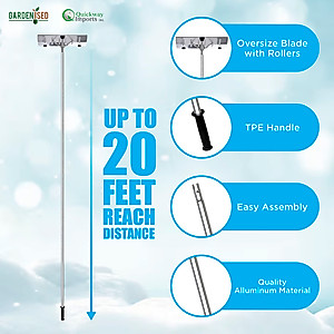 Quickway Imports Snow Rake Shovel | Aluminum Snow & Leaf Removal Tool & Pusher Scraper for House Roof & Car with 24” Rolling Blade, Lightweight 5-21’ Telescoping Extendable Handle & Nonslip Grip,Gray