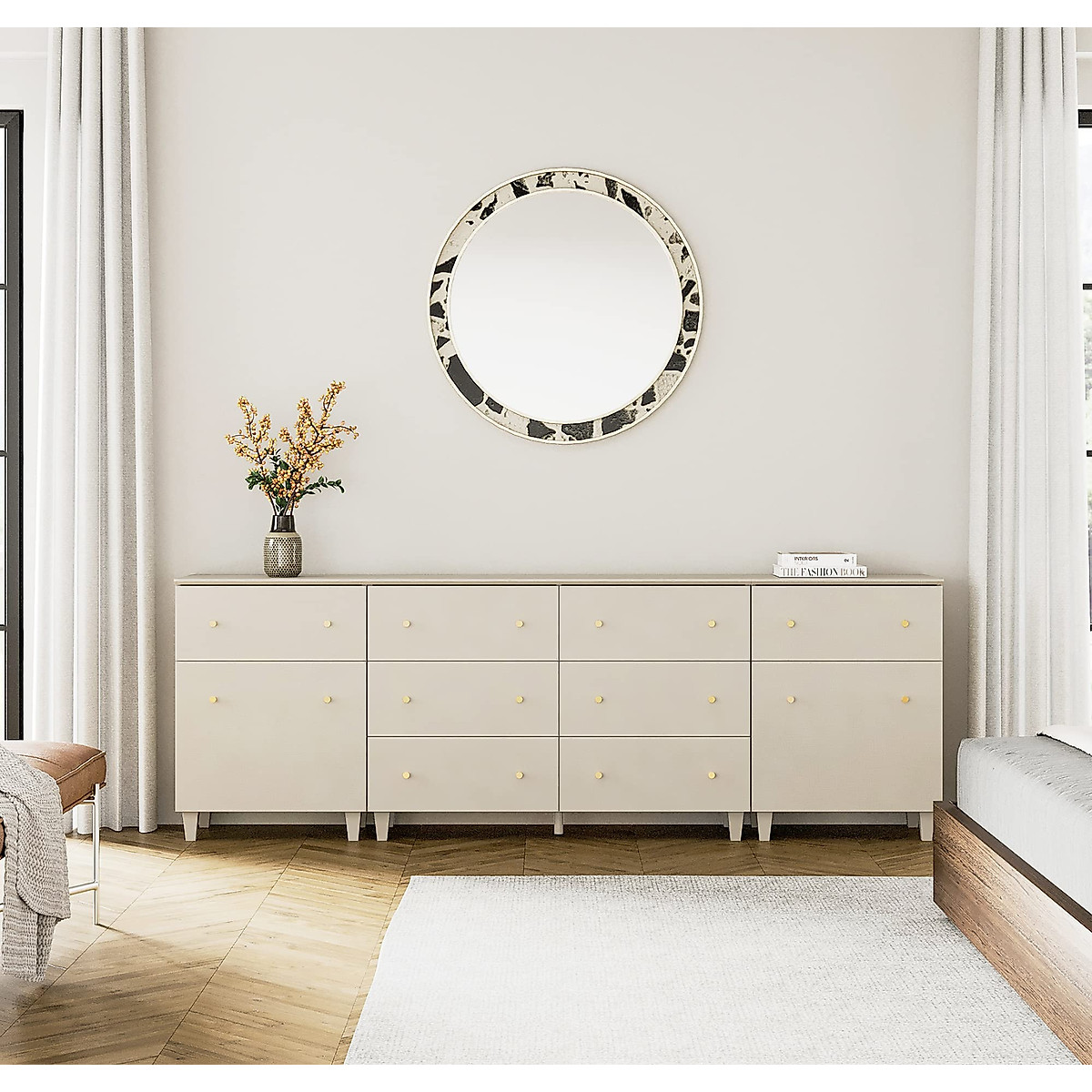 WAMPAT 8 Drawers Dresser Chests for Bedroom, 3-in-1 Modern Beige Wood Closet Storage Organizer Furniture with Door and Adjustable Shelves for Kids Room, Nursery, 94.4x15.3x32.4