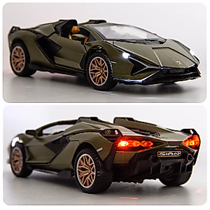 WAKAKAC Diecast Car Compatible for Sian Roadster 1/32 Scale Model Car Alloy Pull Back Door Opening Vehicles with Sound and Light Toy Car for Kids Boys Gift(Army Green)