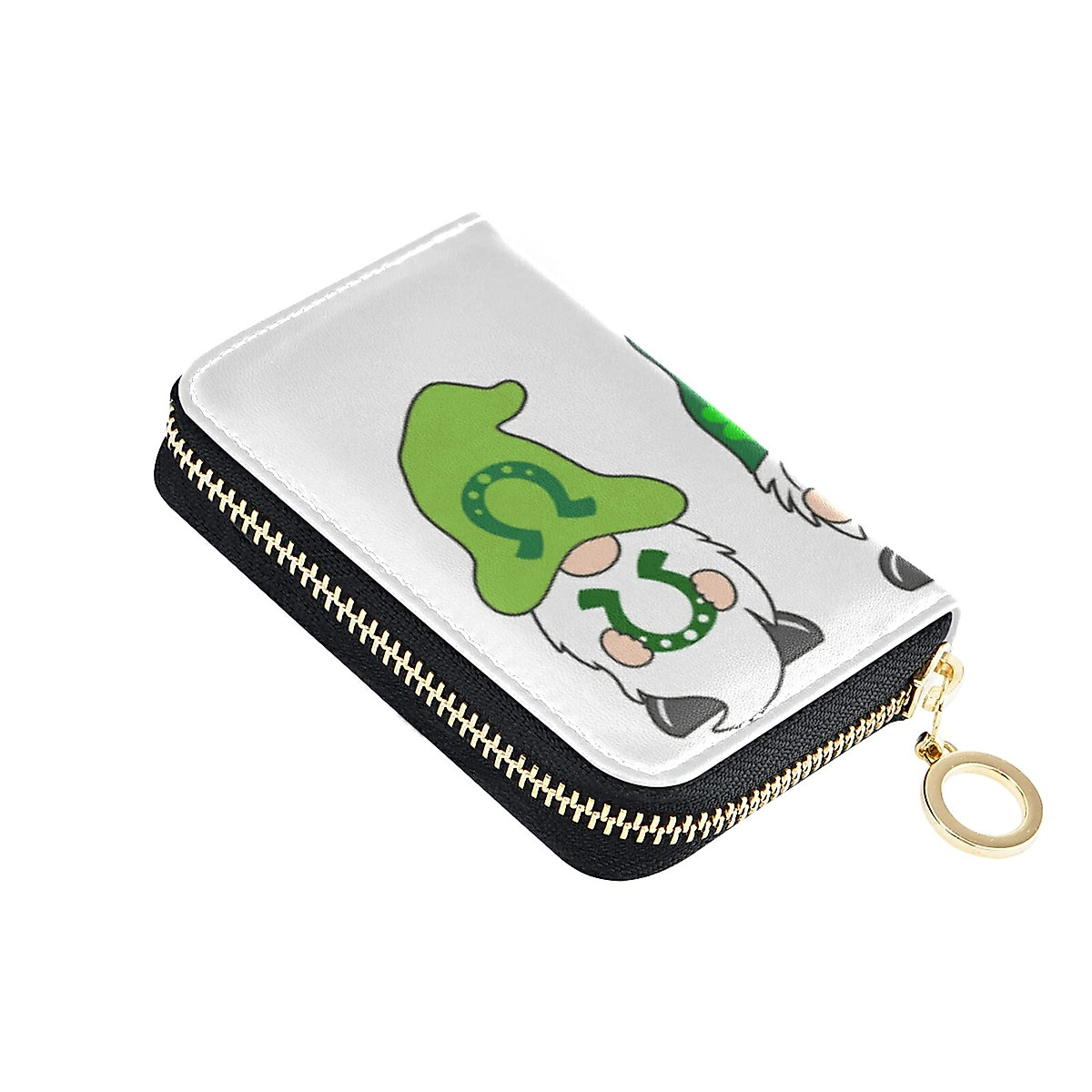 St Patrick Day Gnomes with Green Shamrock Clovers Leaves on WhiteGrey Credit Card Coin wallet, RFID Blocking Compact Women Leather Card Holder, Key Change Organizer, Zipper Purse Clutch Pouch