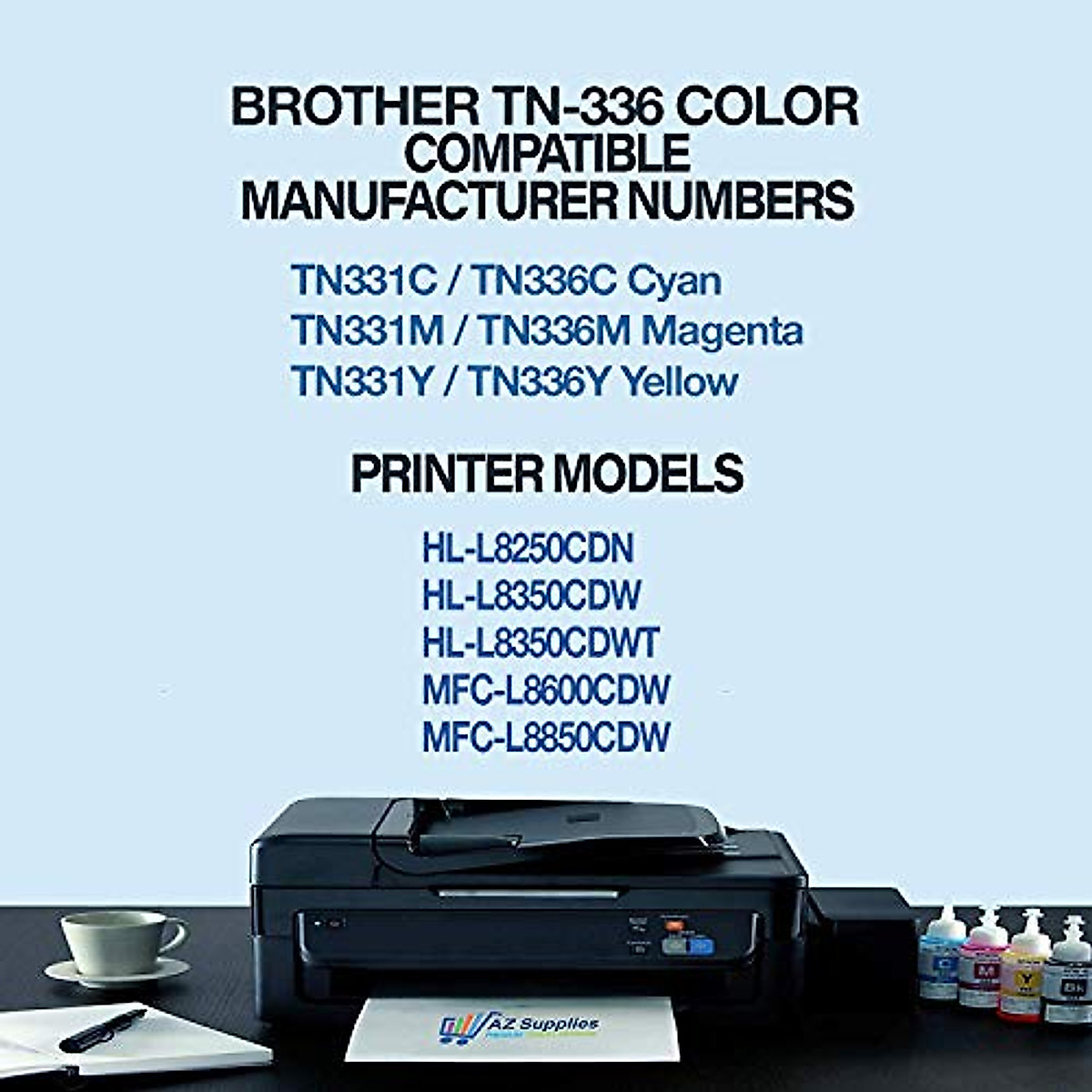 AZ Compatible Toner Cartridge Replacement for Brother TN336 (TN336C / TN336M / TN336Y) use in HL-L8250CDN HL-L8350CDW HL-L8350CDWT MFC-L8600CDW MFC-L8850CDW (Cyan, Magenta, Yellow, 3-Pack)