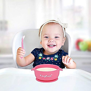 KingKam 2 Pack Baby Bowls with Suction, Silicone Stay up Baby Bowl for Kids and Toddlers, Silicone Bowls and Spoons for Baby Toddler Bowls, Baby Feeding Bowls Set - Pink/Purple