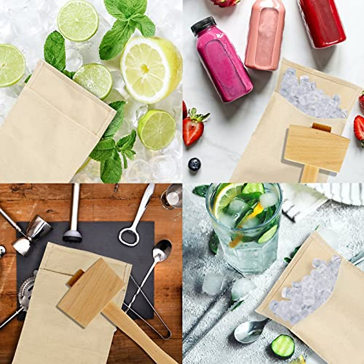 Professional Lewis Bags and Ice Mallet Set - Reusable Canvas Crushed Ice Crushing Bags with Wooden Mallet for Bartender Kit & Bar Tools Kitchen Accessory