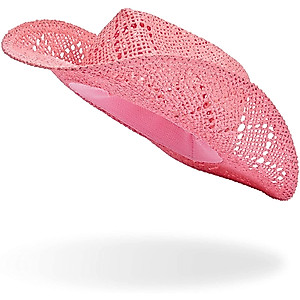 Zodaca Pink Cowboy Hat for Women - Pink Straw Beach Hat, Cute Cowgirl Hat with Beaded Heart Trim and Braided Chain (Adult Size)