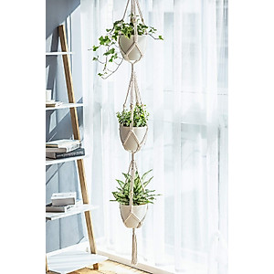 Mkono Macrame Plant Hanger 3 Tier Indoor Outdoor Hanging Planter Basket Cotton Rope with Beads 70 Inches