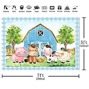 Aperturee 7x5ft Cartoon Farm Animals Photography Backdrop Blue Barn Barnyard Baby Shower Happy Birthday Photography Background Newborn Party Decoration Banner Photo Booth Cake Table Supplies