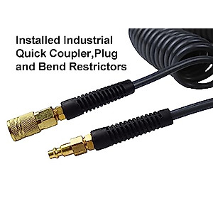 YOTOO Polyurethane Recoil Air Hose 3/8" Inner Diameter by 10' Long with Bend Restrictor, Repairable 1/4" Industrial Quick Coupler and Plug, Gray