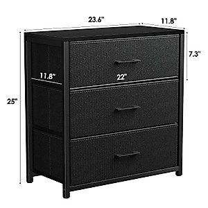 Memobarco Nightstand with 3 Drawers for Bedroom, Storage Dresser with Fabric Drawers and Metal Frame for Closet, Living Room, Bedside Table with Wood Top, Easy Pull Handle, Black