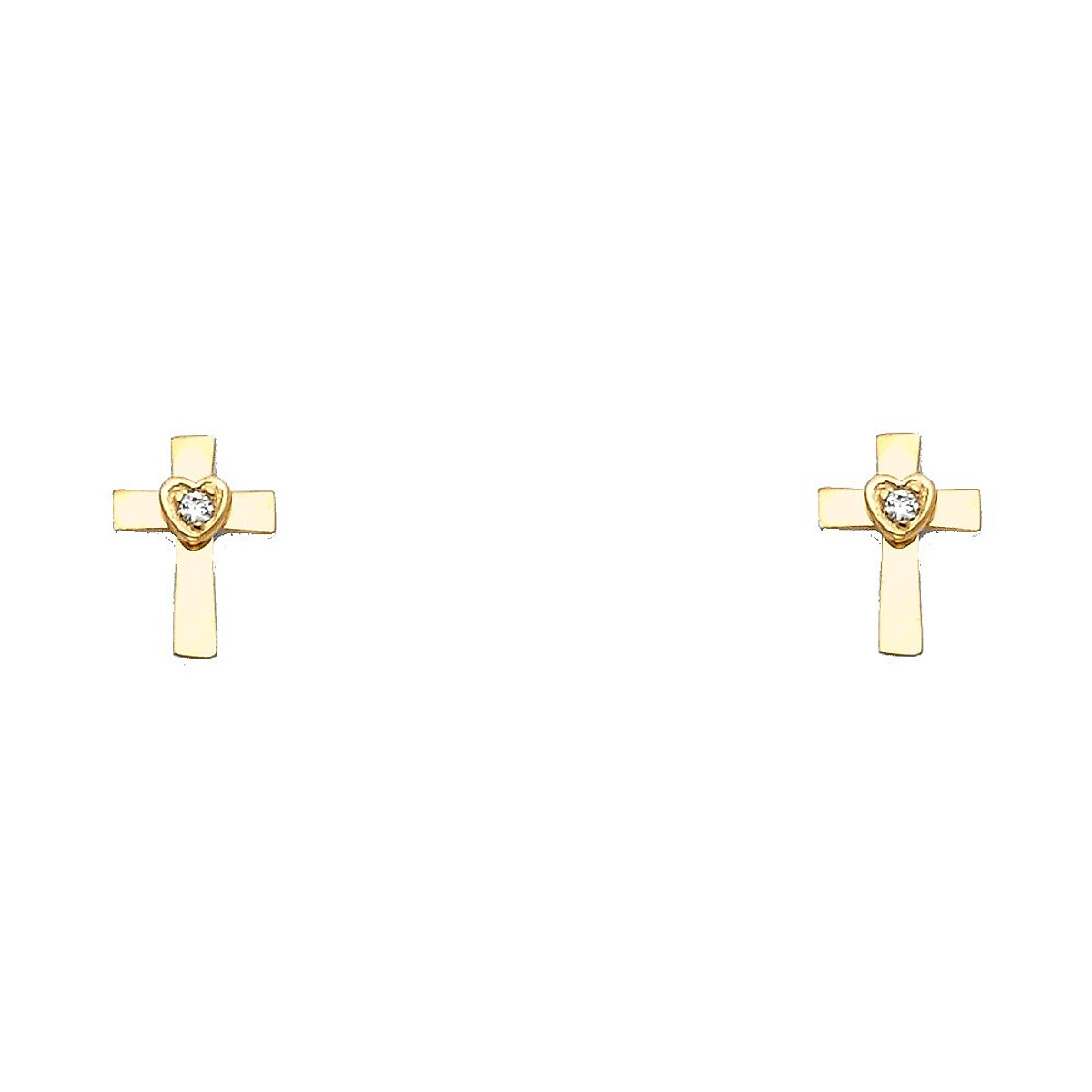 Wellingsale 14K Yellow Gold Polished Cross Heart Stud Earrings With Screw Back