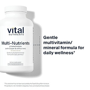 Vital Nutrients - Multi-Nutrients 2 - Citrate/Malate Formula (with Copper and without Iron) - Multi-Vitamin/Mineral, Potent Antioxidants, Gentle Bioavailable Form - 180 Vegetarian Capsules per Bottle