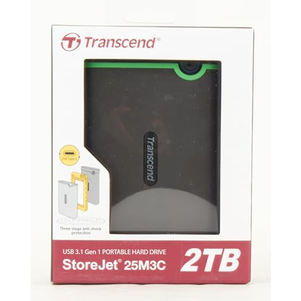 Transcend 2TB StoreJet 25M3C USB Type-C Portable Hard Drive (HDD) Rugged, Anti-shock resistant, Compact and Lightweight with Lightning-fast Speeds and a One Touch Backup Button (Iron Grey) TS2TSJ25M3C