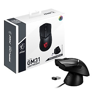 MSI Clutch GM31 Lightweight Wireless Ergonomic Gaming Mouse & Charging Dock, 12K DPI Optical Sensor, 60M Omron Switches, Fast-Charging 110Hr Battery, RGB Mystic Light, 5 Programmable Buttons, PC/Mac