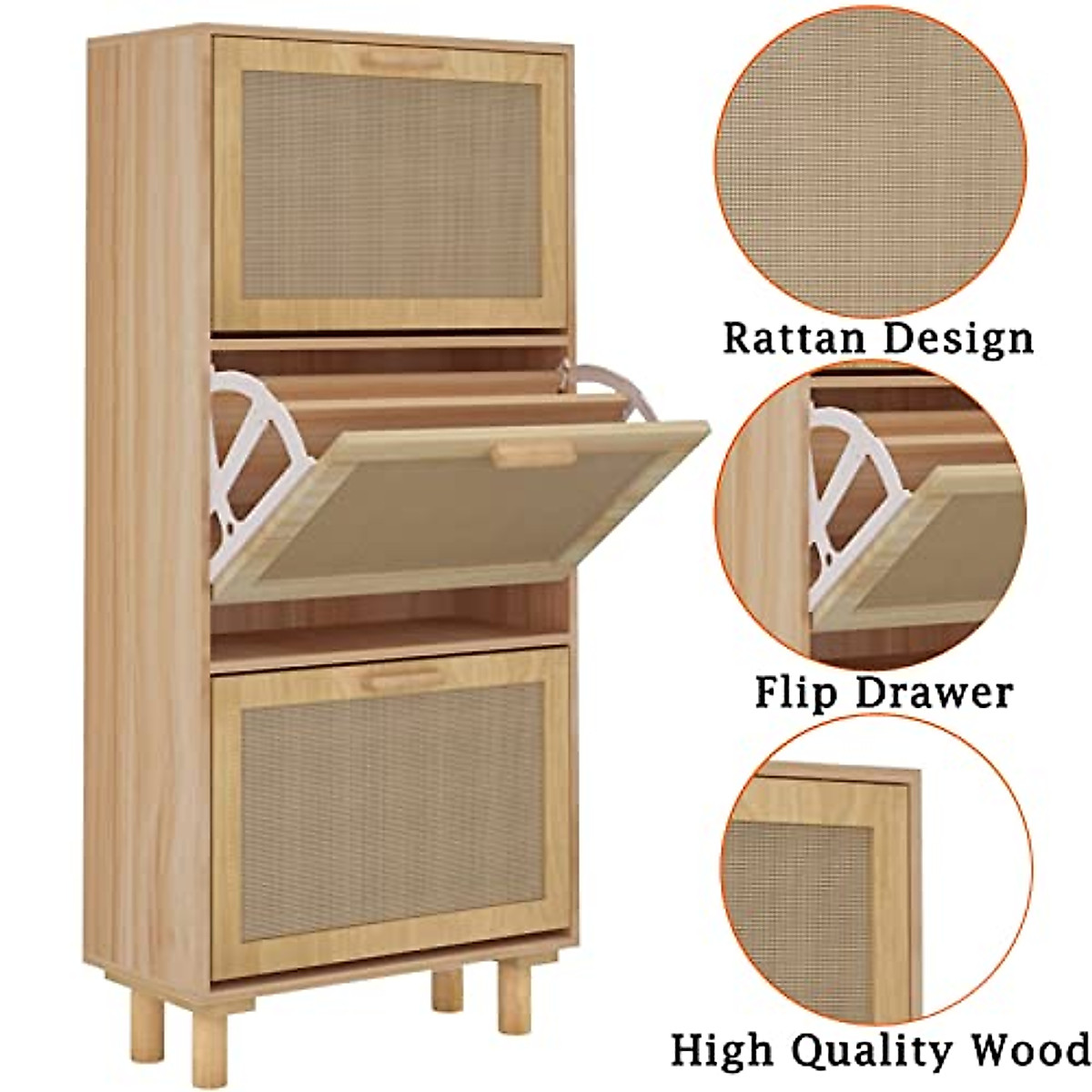 Wekity Shoe Storage Cabinet, Rattan Shoe Cabinet with 3 Flip Drawers, Narrow Free Standing Shoe Cabinet for Heels Slippers Boots, Wood Shoe Cabinet for Entryway Hallway 10X21X45Inch (Nature)