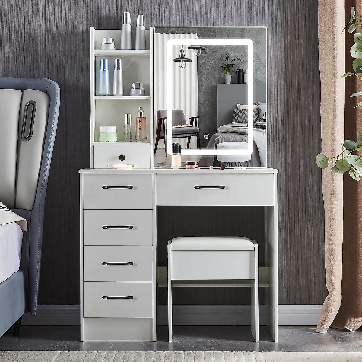 Kkonetoy White Vanity Desk with Lights, Makeup Desk Vanity Set with Sliding Mirror and 5 Drawers, Modern Makeup Vanity Dressing Table with Cushioned Stool for Girls Bedroom Dresser, 30560704LED