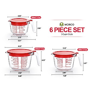 M MCIRCO 6 Pcs Glass Measuring Cups with Lids Set, 1-Cup, 2-Cup, 4-Cup Measuring Jugs with Handle, Nesting Liquid Measuring Cups for Kitchen