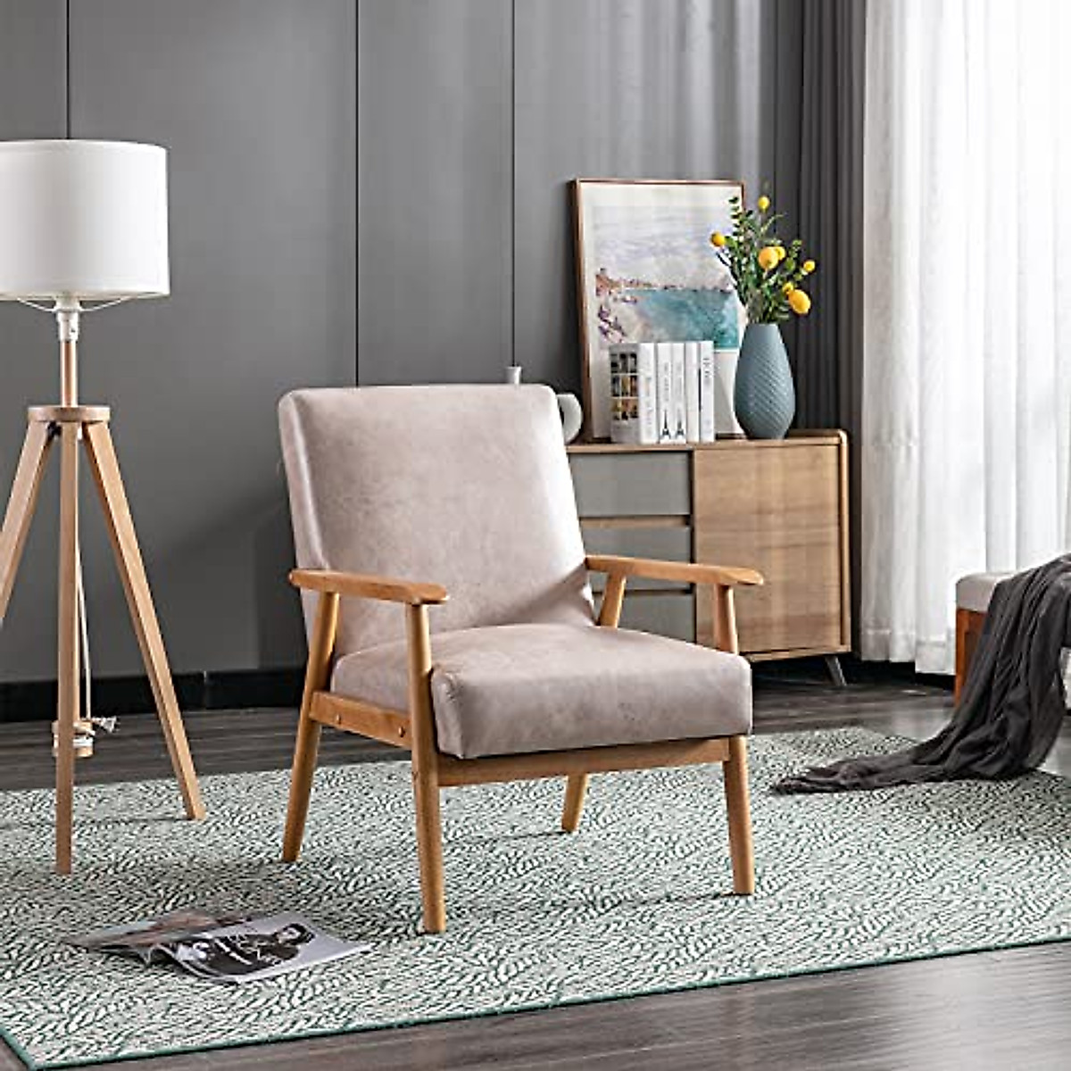 freemax Mid Century Accent Armchair Wood Leather Lounge Chair with Suede Cushion and Soft Sponge, for Living Room Bedroom Reading Room (Beige)