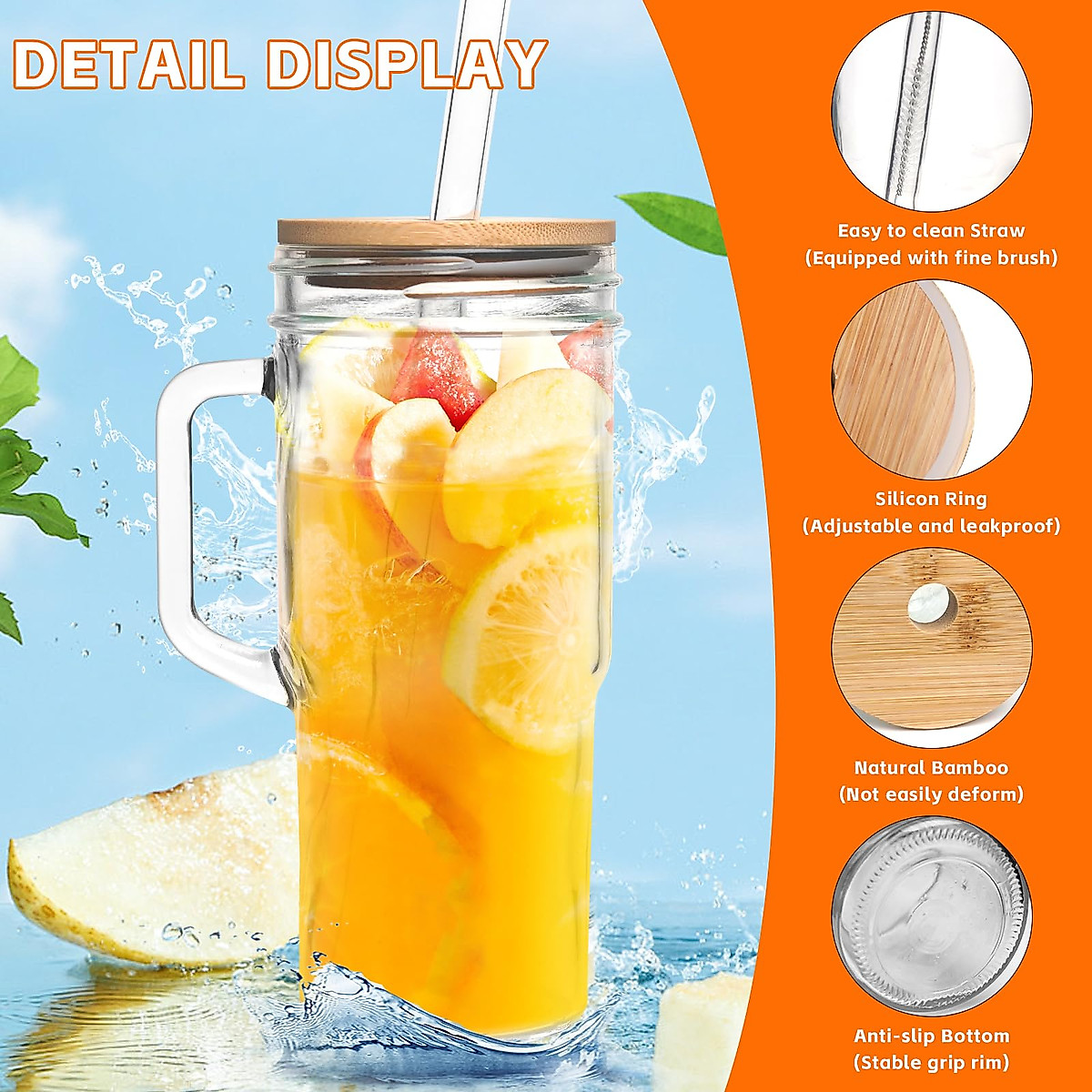 ONEHAUS Glass Cups with Lids and Straws 2 Packs - 24oz Glass Tumbler with Handle, Mason Jar with Lid and Straw -Wide Mouth Reusable Drinking Glasses, Smoothie Tumbler Iced Coffee Cup Travel Mug