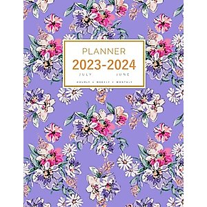 Planner July 2023-2024 June: 8.5 x 11 Large Notebook Organizer with Hourly Time Slots | Colorful Sketched Flower Design Blue-Violet