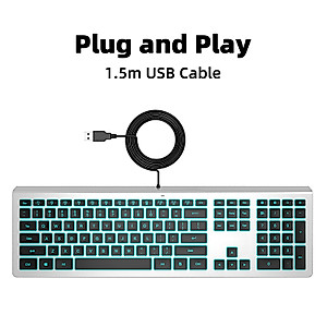 B.FRIENDIT Backlit Wired USB Keyboard, Comfortable Quiet, Low Profile Flat Chocolate/Scissor Keys, Durable Ultra-Slim for Windows 11/10/8/7/Vista Desktop PC, Laptop - Silver Black