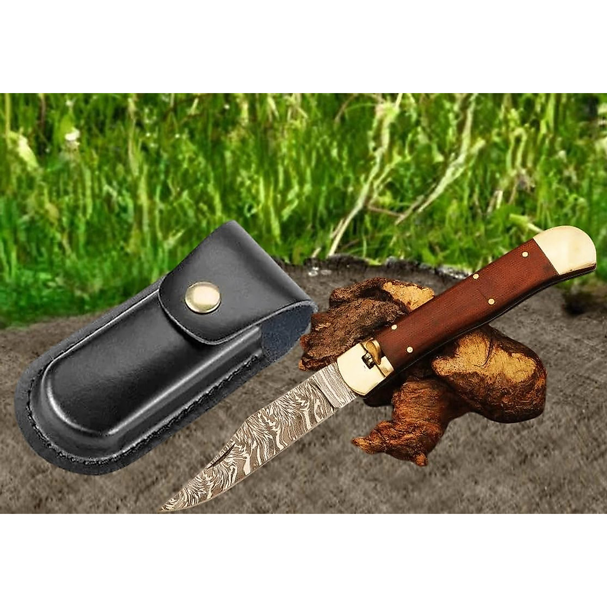 Leather Knife 4" Holster with Belt Buckle – Holding Sheath for Pocket Knives, Folding Knife- Compact Draw EDC Knife Holster Belt – Black, Camping, Hunting, and Outdoors.